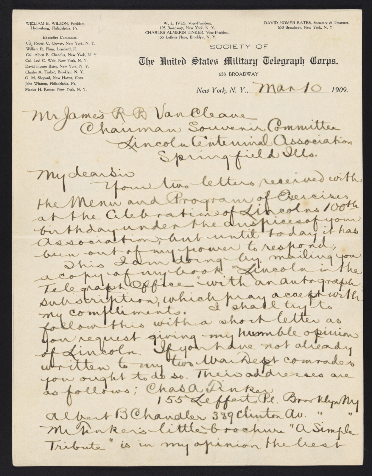 Letter from David Homer Bates (New York, New York) to James R.B. Van ...