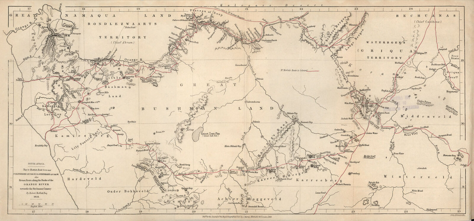South Africa. Map to illustrate Route from near Colesberg on the E. to ...