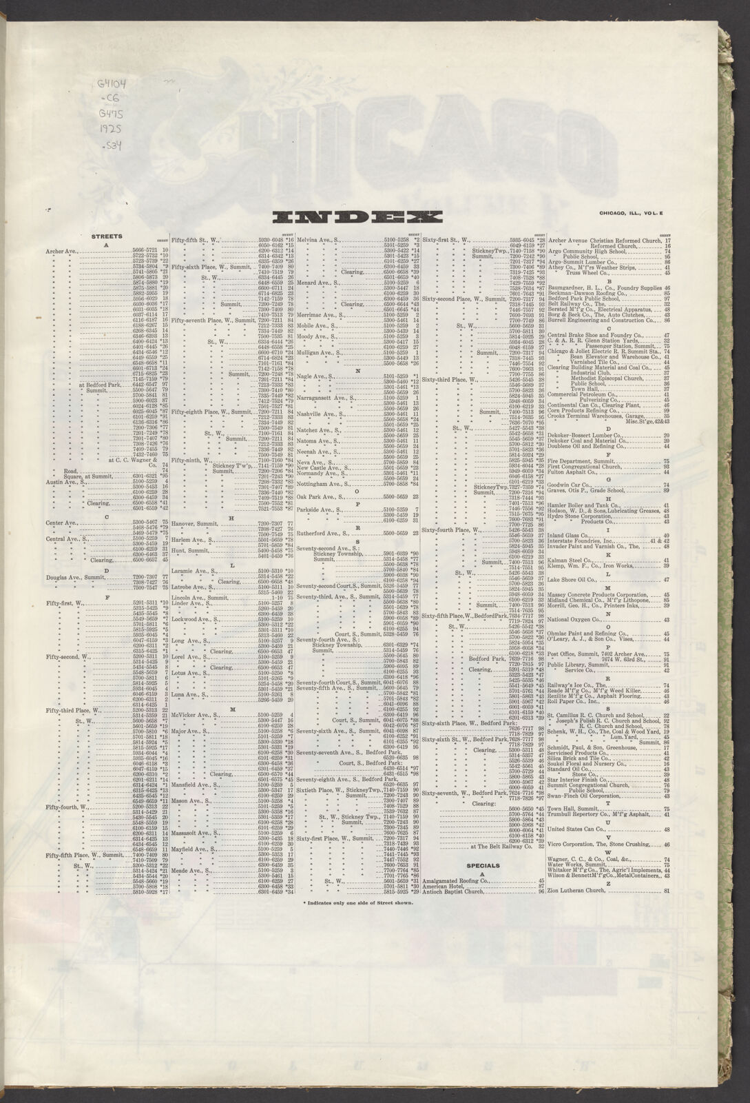 Chicago : including Argo, Bedford Park, Clearing, and Summit. Volume E ...