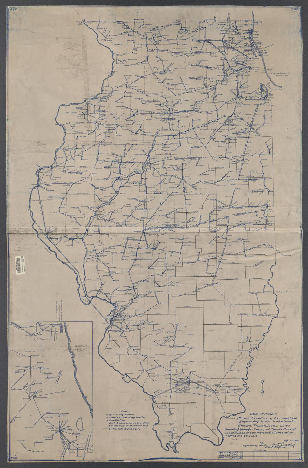 Electric transmission lines showing voltage-phase, and towns served :25 ...