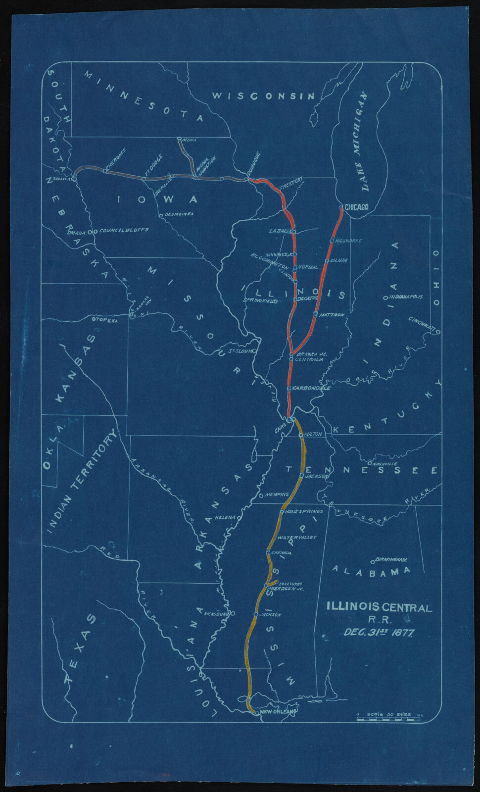 Illinois Central Railroad blueprint map: New Orleans to Chicago ...