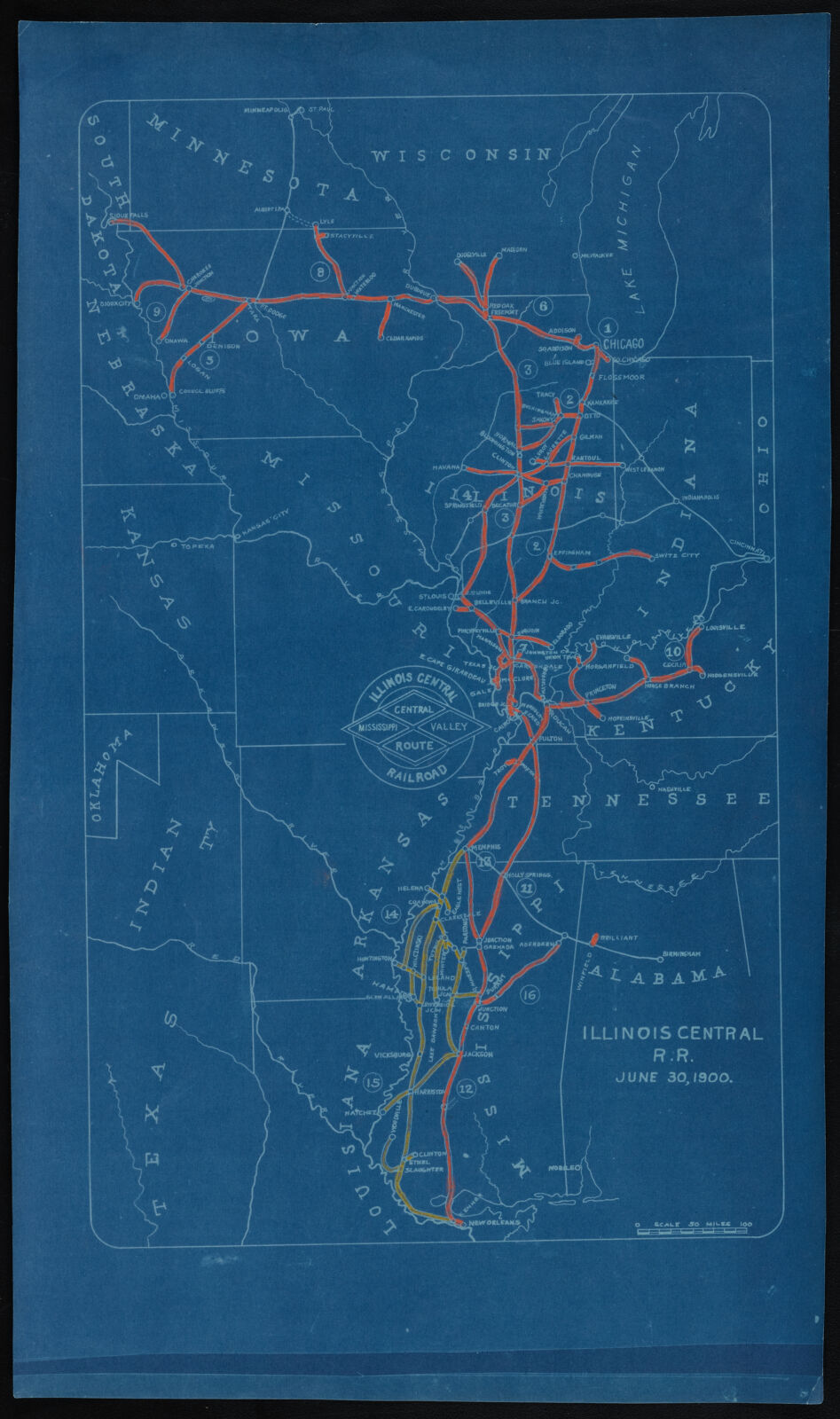 Illinois Central Railroad map: New Orleans to Chicago, Madison, and ...