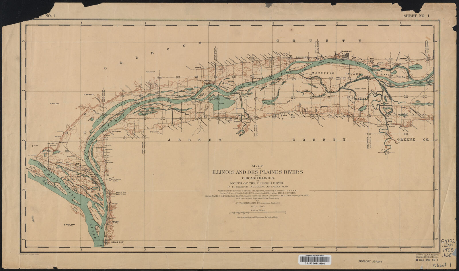 Map of the Illinois and Des Plaines rivers from Chicago, Illinois, to ...