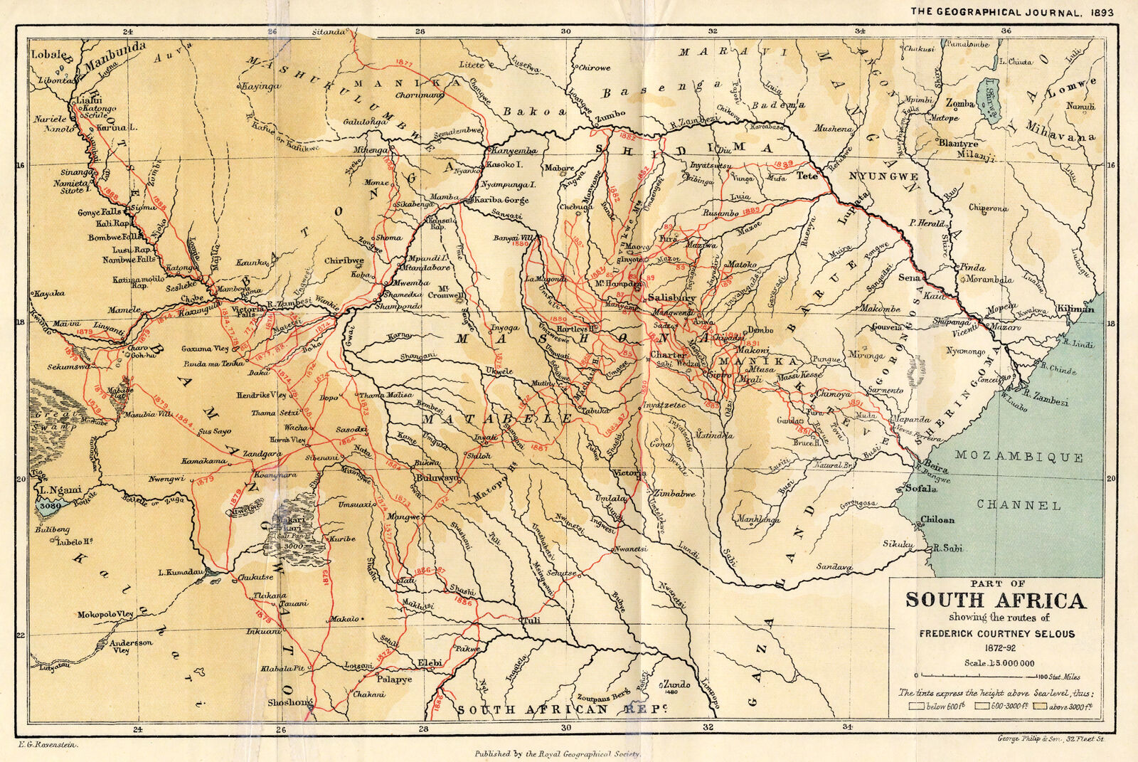 Part of South Africa showing the routes of Frederick Courtney Selous ...