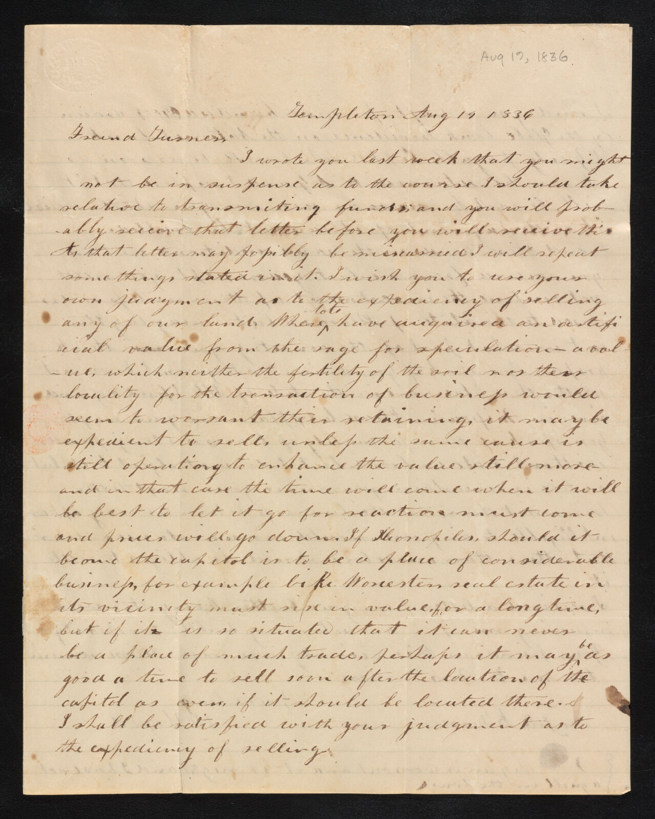 Letter from J.W. Osgood to Jonathan Baldwin Turner, August 19, 1836 ...