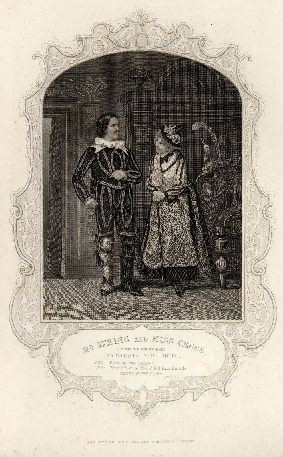 Edward Atkins and Miss Emily Cross as Grumio and Curtis in a scene from ...
